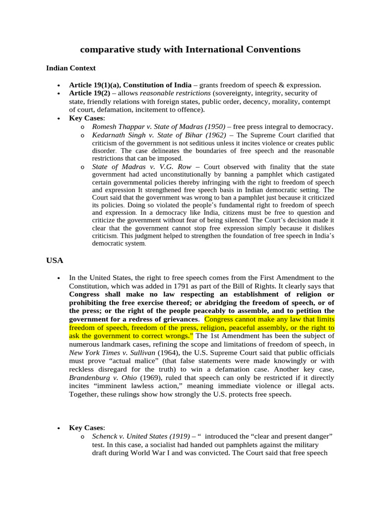 Comparative Study With International Conventions | PDF | Freedom Of Speech | First Amendment To ...