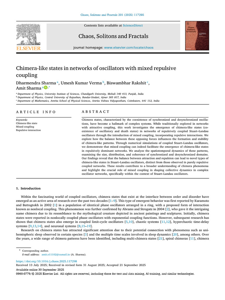 Chimera Like States in Networks of Oscillators With M 2025 Chaos ...