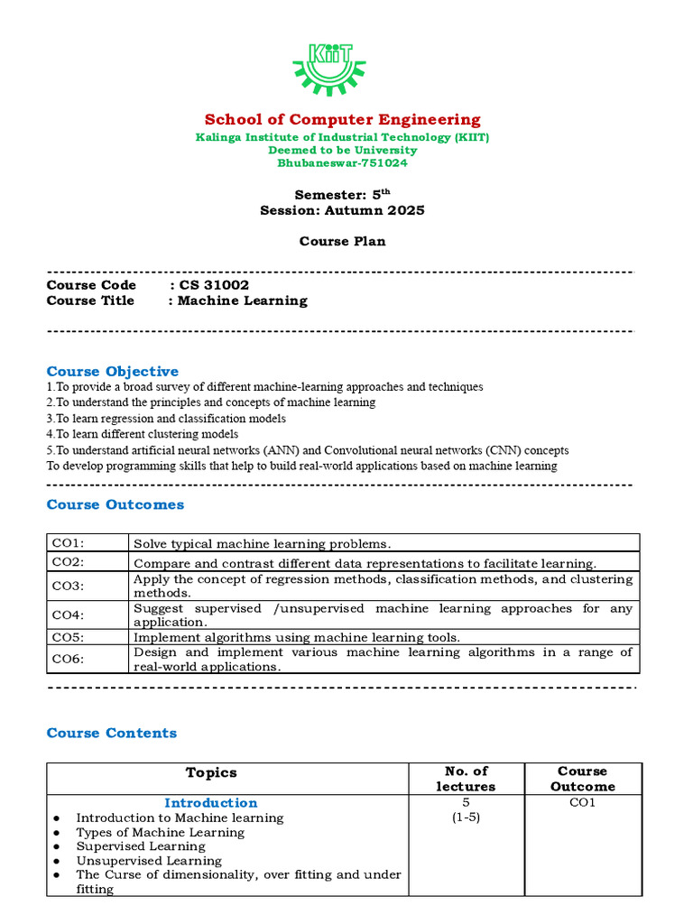 Machine Learning Course Plan KIIT | PDF | Machine Learning | Cluster ...