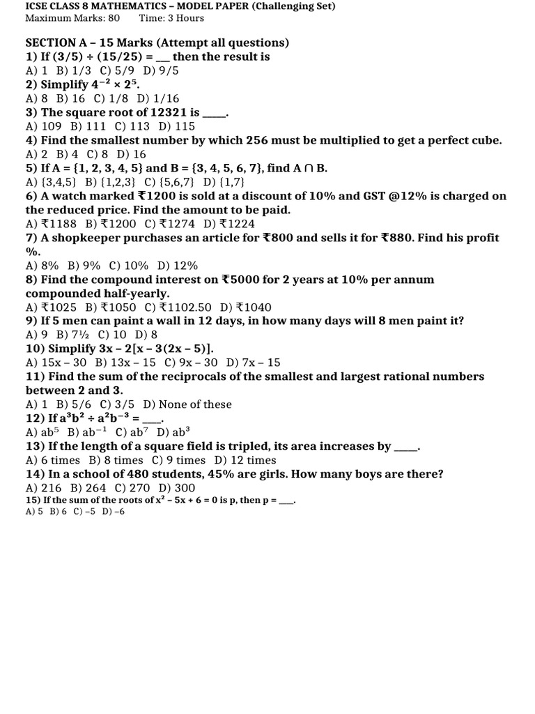 Class 8 ICSE Maths Model Paper Challenging | PDF