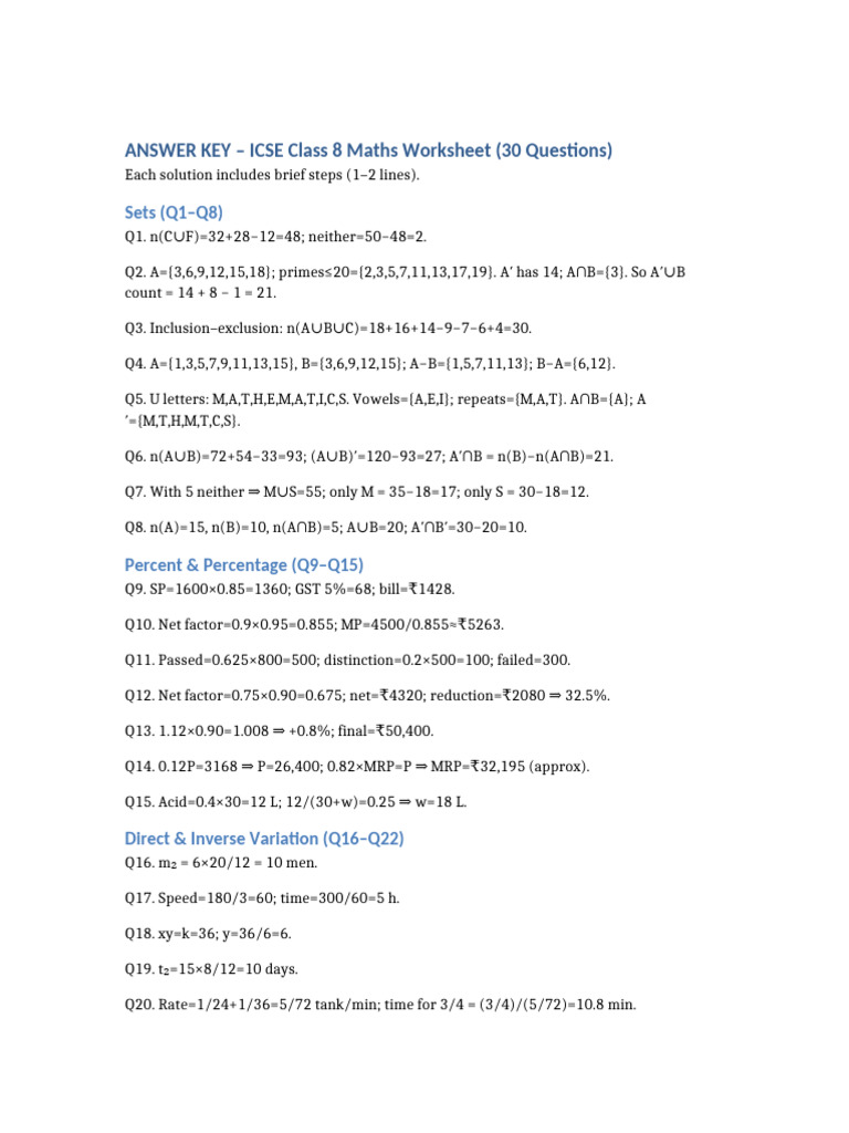 Class 8 ICSE Maths Worksheet 30 Qs Answer Key | PDF