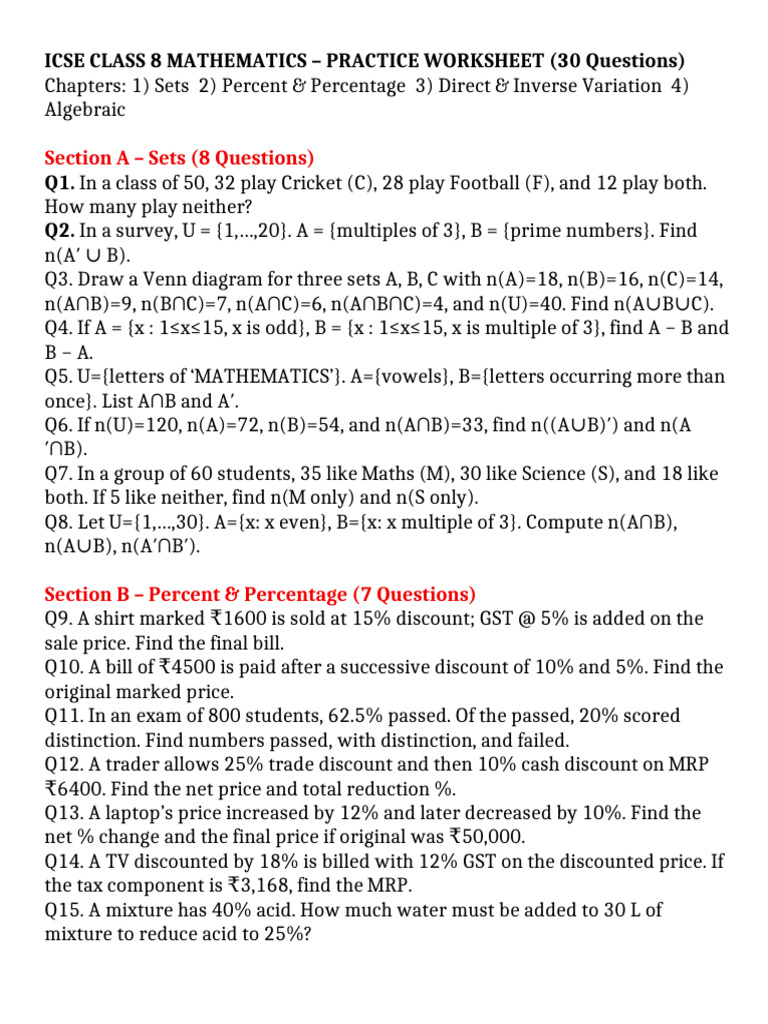 Class 8 ICSE Maths Worksheet 30 Qs Sets Percent Variation Algebra | PDF ...