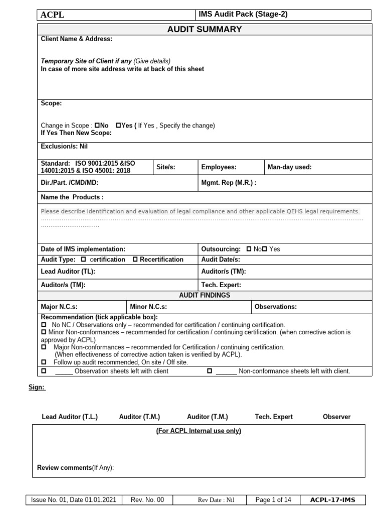 23 IMS (Q, E, O) Stage 2 Report Rev 03 | PDF | Audit | Risk