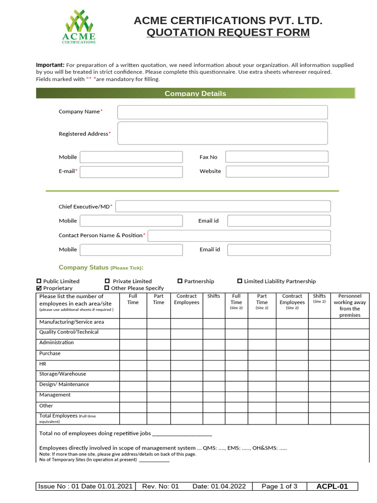 Acme Quotation Request Form | PDF | Occupational Safety And Health | Audit