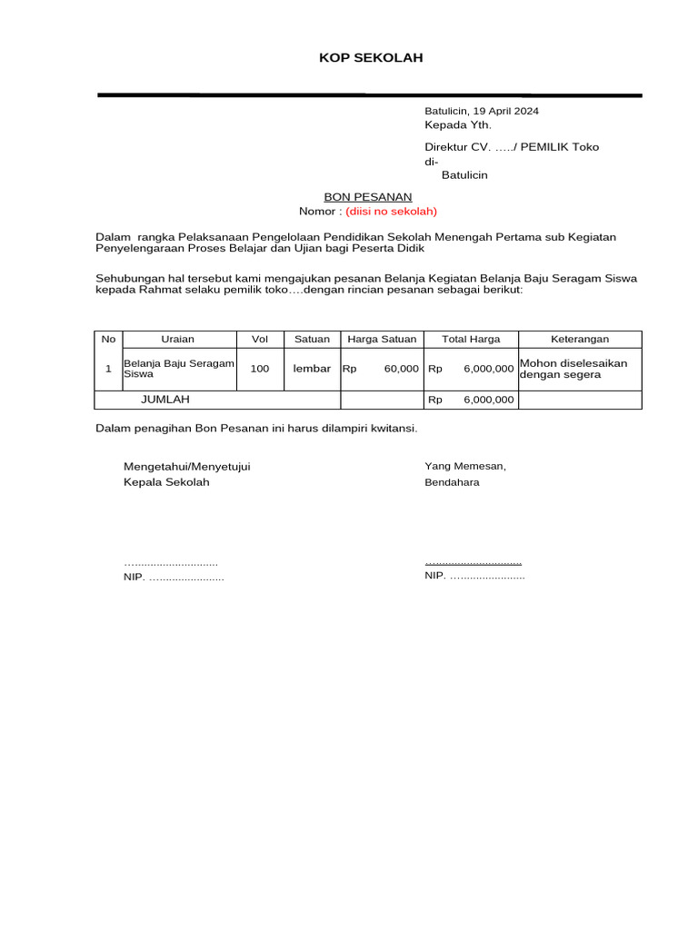 Contoh Bon Pesanan | PDF