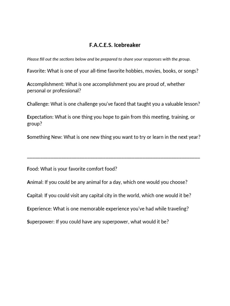 FACES Ice Breaker | PDF