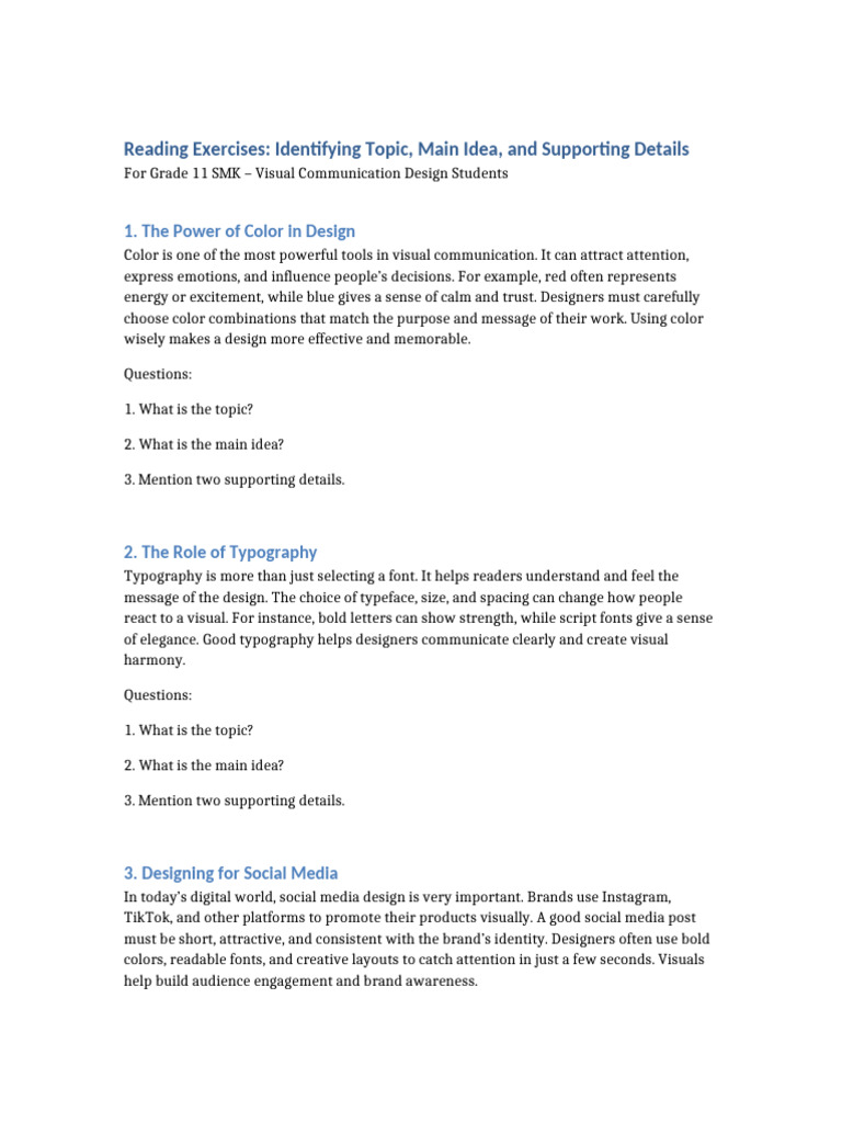 Reading Exercises Topic MainIdea SupportingDetails DKV | PDF ...