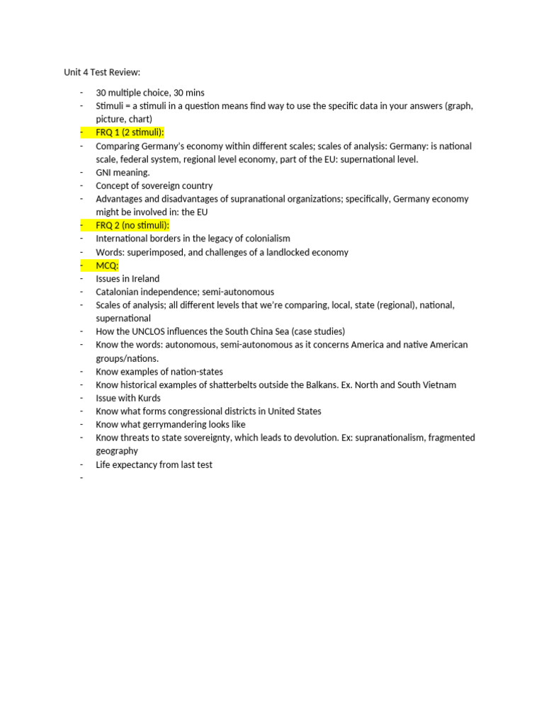 Unit 4 Test Review: Economy & Borders | PDF