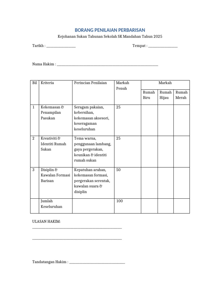 Borang Penilaian Perbarisan | PDF