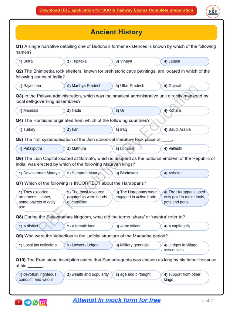 Ancient History Quiz for Competitive Exams | PDF