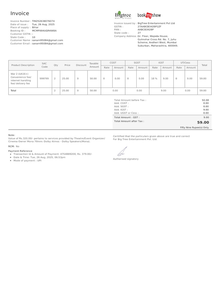 BigTree Entertainment Invoice Details | PDF | Taxation | Government ...