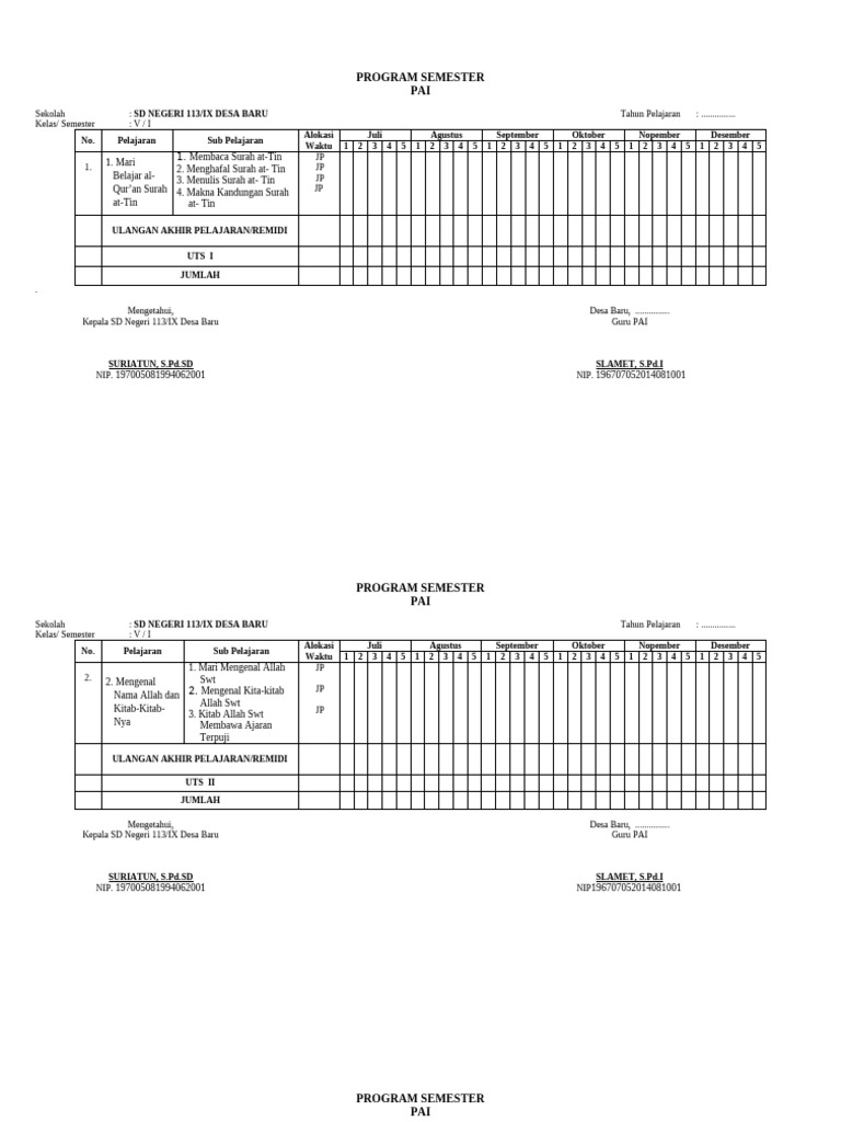 Program Semester PAI Kelas V SD Negeri 113 | PDF