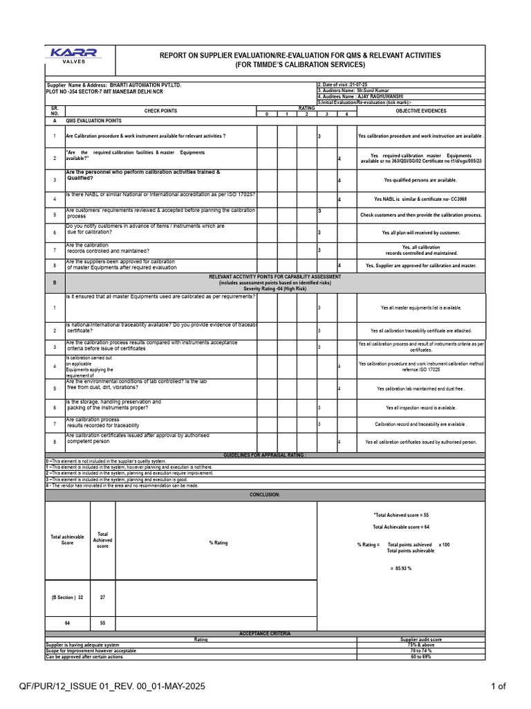 Supplier Evaluation Report for Calibration Services | PDF | Calibration