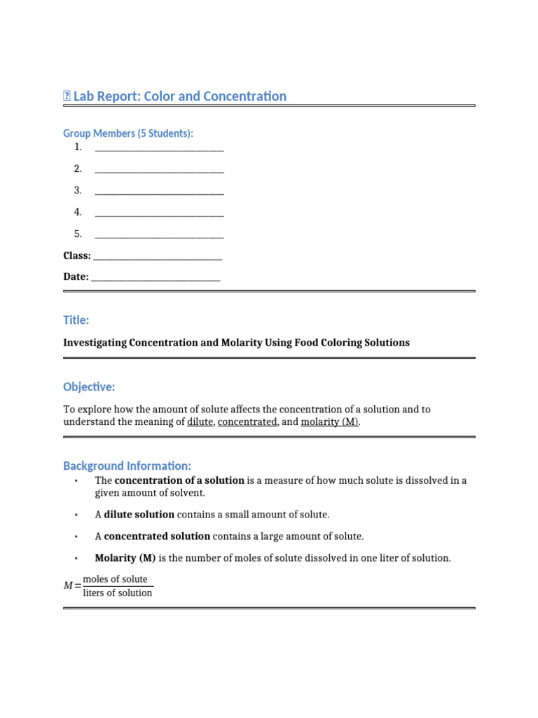 Color Concentration Lab Report | PDF | Concentration | Molar Concentration