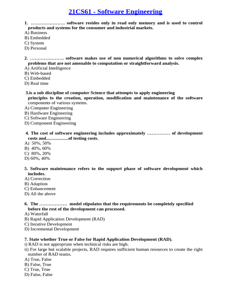 Software Engineering Exam Questions | PDF | Software Testing ...