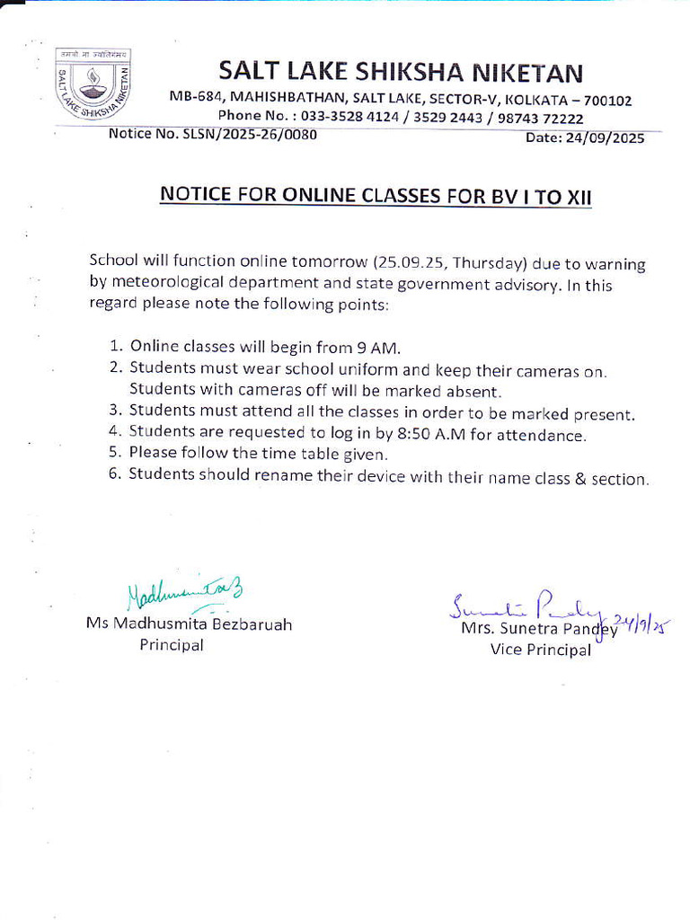 Notice For Online Classes For BV I To Xii | PDF