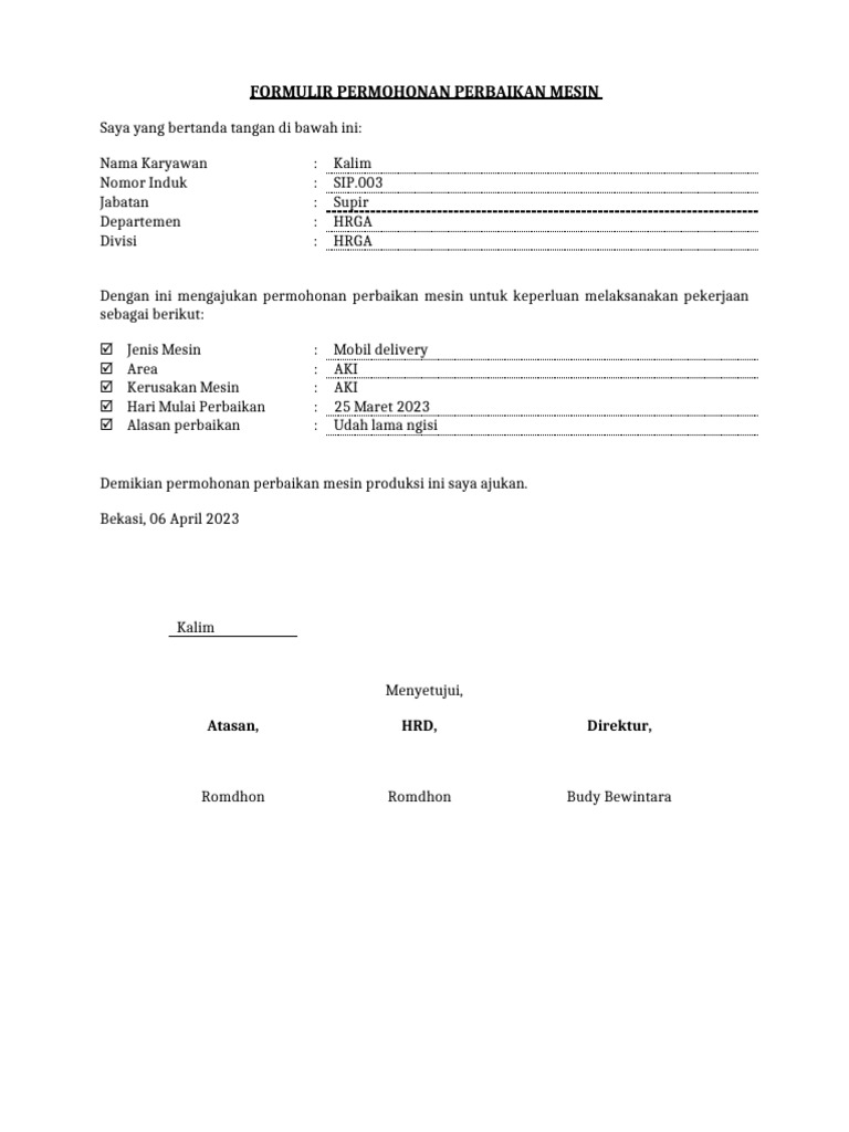 Formulir Perbaikan Mobil | PDF