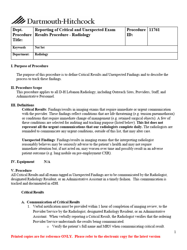 Critical & Unexpected Exam Results Procedure | PDF | Radiology ...