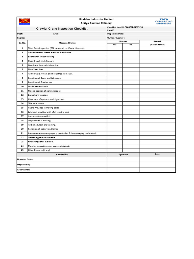 Crawler Crane Inspection Checklist | PDF