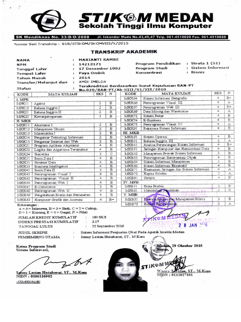 Transkrip Nilai s1 Marianti Rambe | PDF
