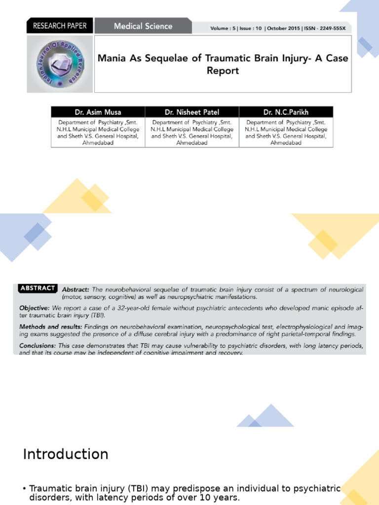 Mania As Sequelae of Traumatic Brain Injury - A | PDF | Traumatic Brain ...