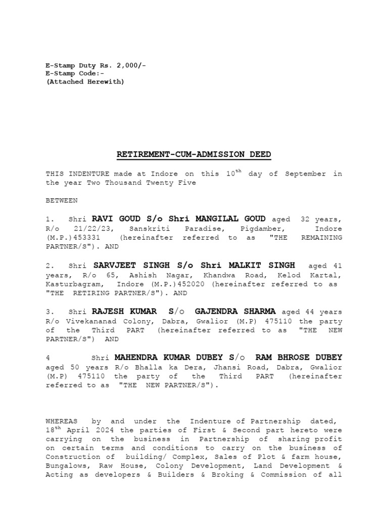 Retirement and Admission Deed Template | PDF | Partnership | Arbitral ...
