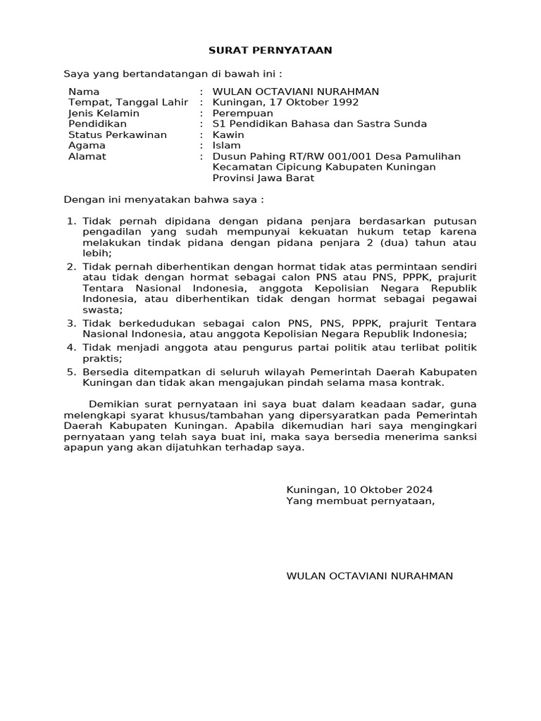 Surat Pernyataan Wulan Octaviani | PDF