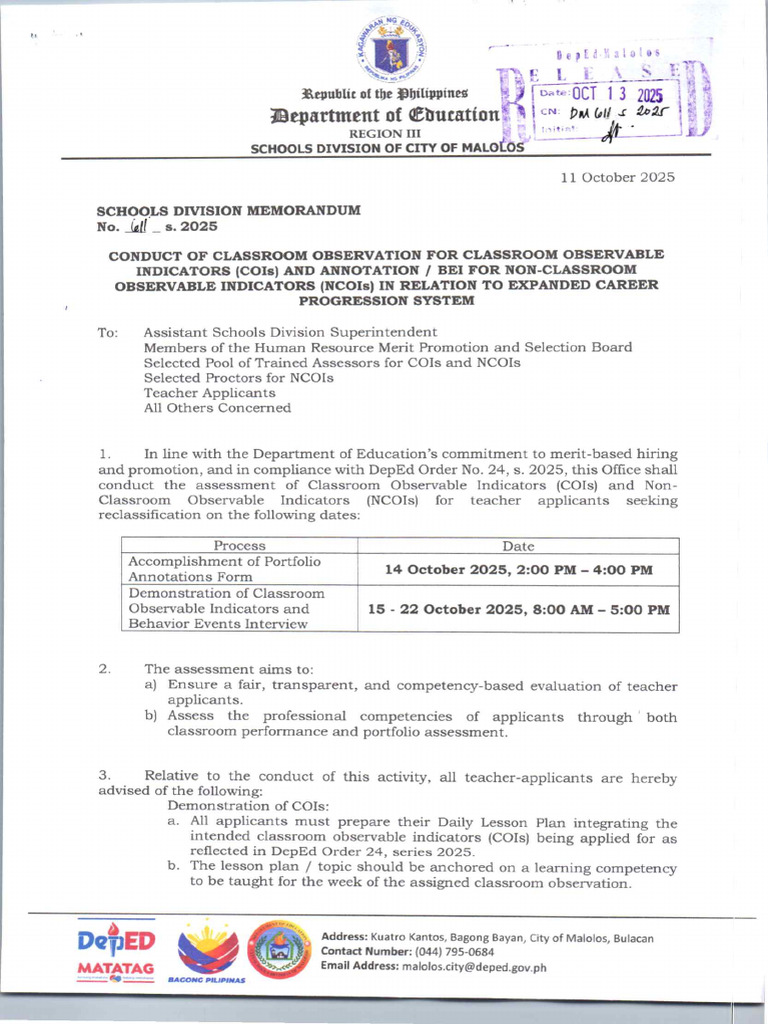 DM 611 s 2025 Conduct of Classroom Observation for Classroom Observable ...