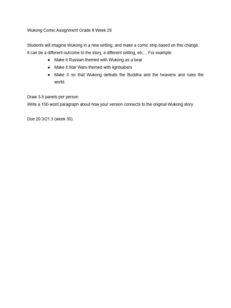 Wukong Comic Assignment for Grade 8 | PDF