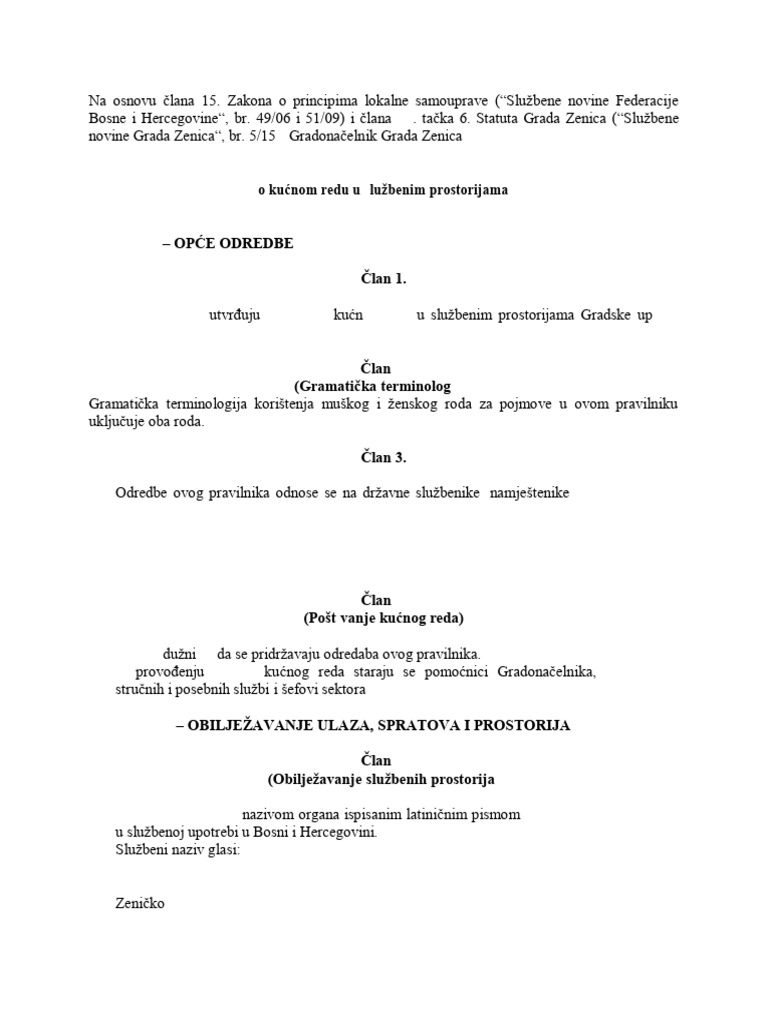 Pravilnik o Kucnom Redu U Sluzbenim Prostorijama Grad Zenica | PDF