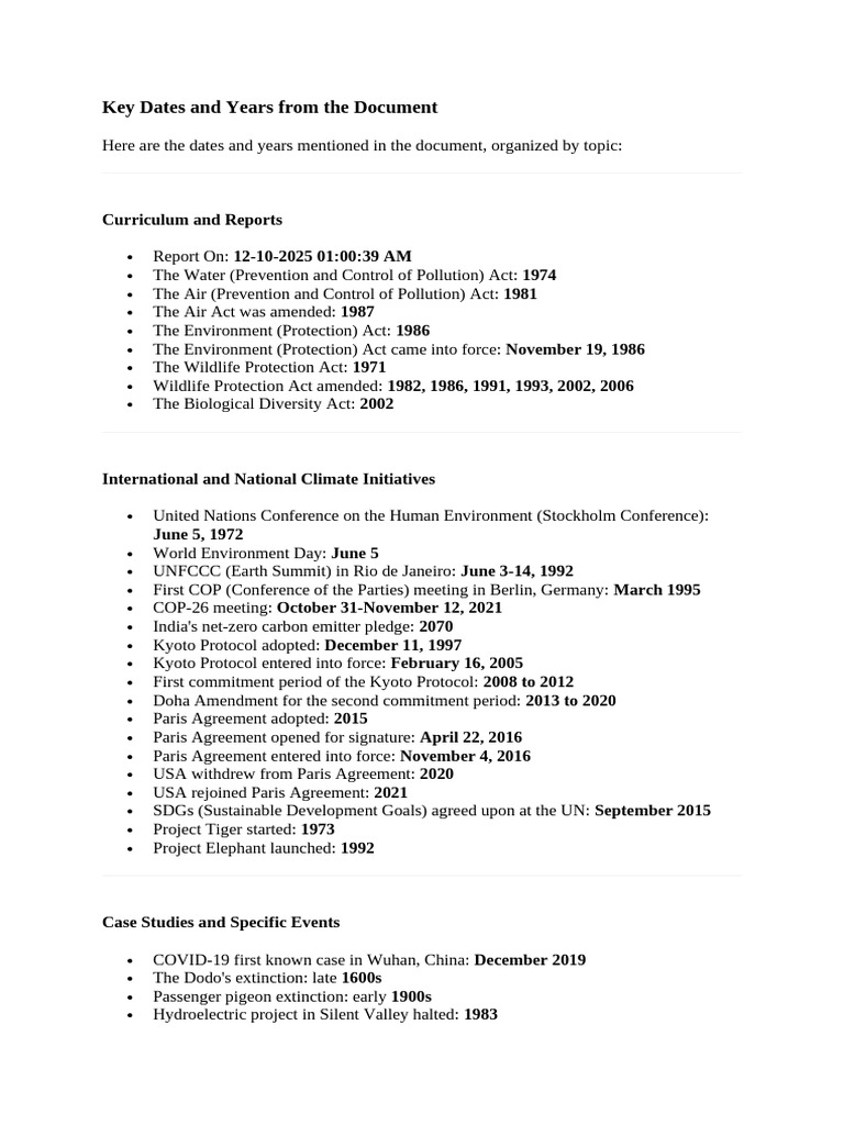 Key Dates and Years From The Document | PDF | Kyoto Protocol | Natural ...