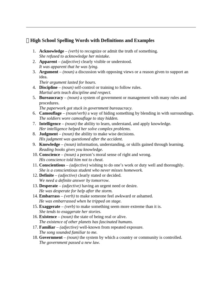 High School Spelling Words Guide | PDF | Adjective | Verb