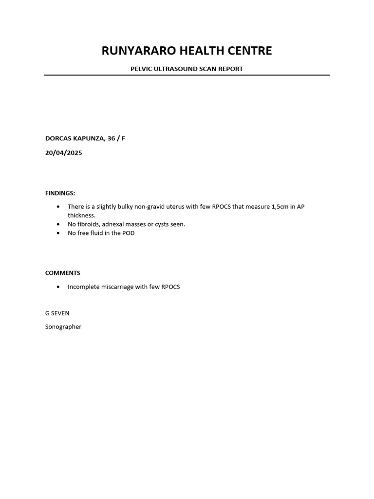 Pelvic Ultrasound Report: Incomplete Miscarriage | PDF