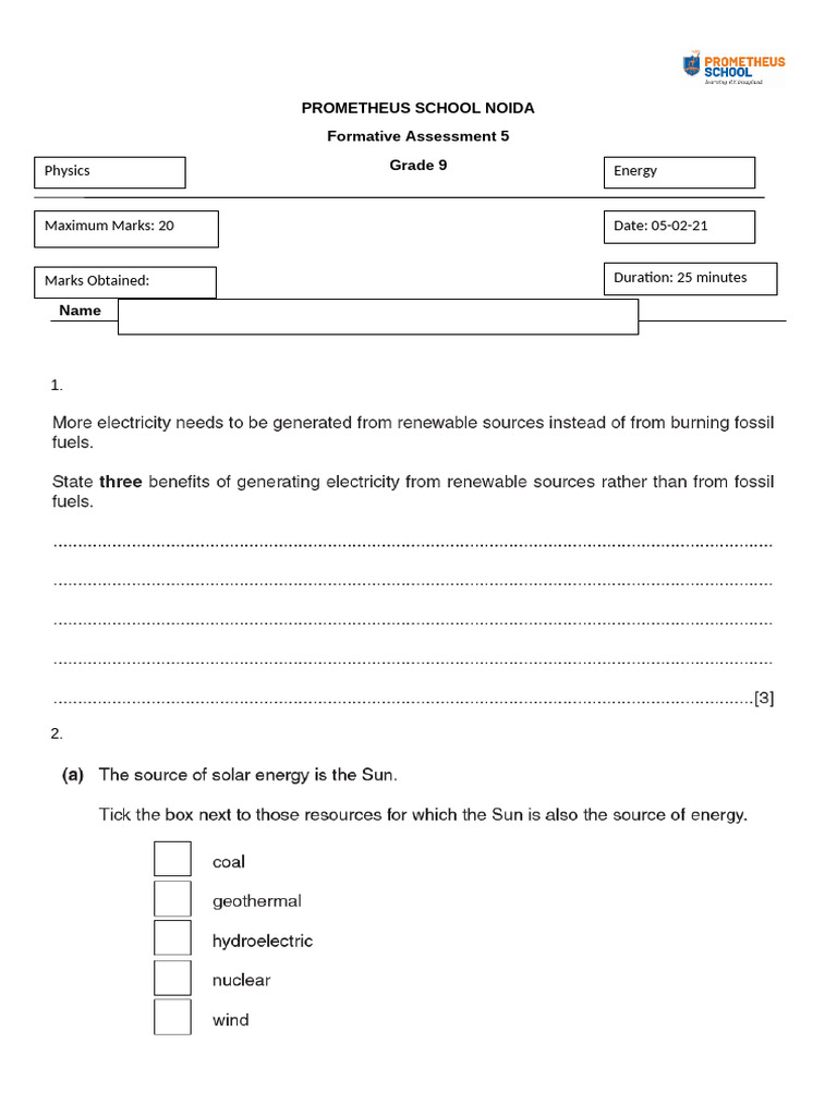 Grade 9 Physics Assessment on Energy | PDF