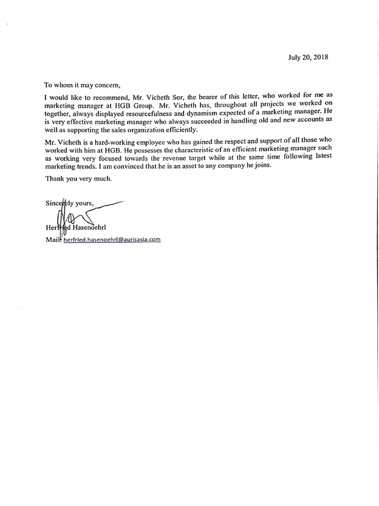 Recommendation Letter With Signature of Herfried CEO | PDF