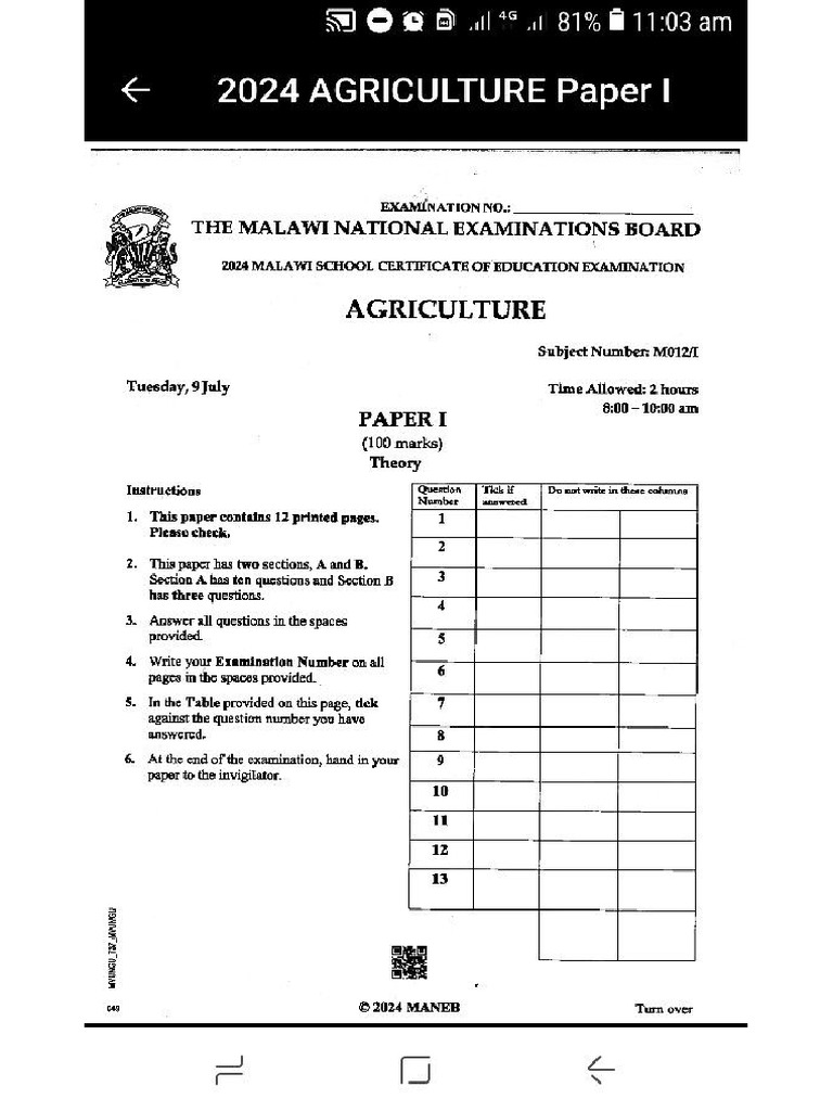 Agriculture Paper 1 2024 | PDF