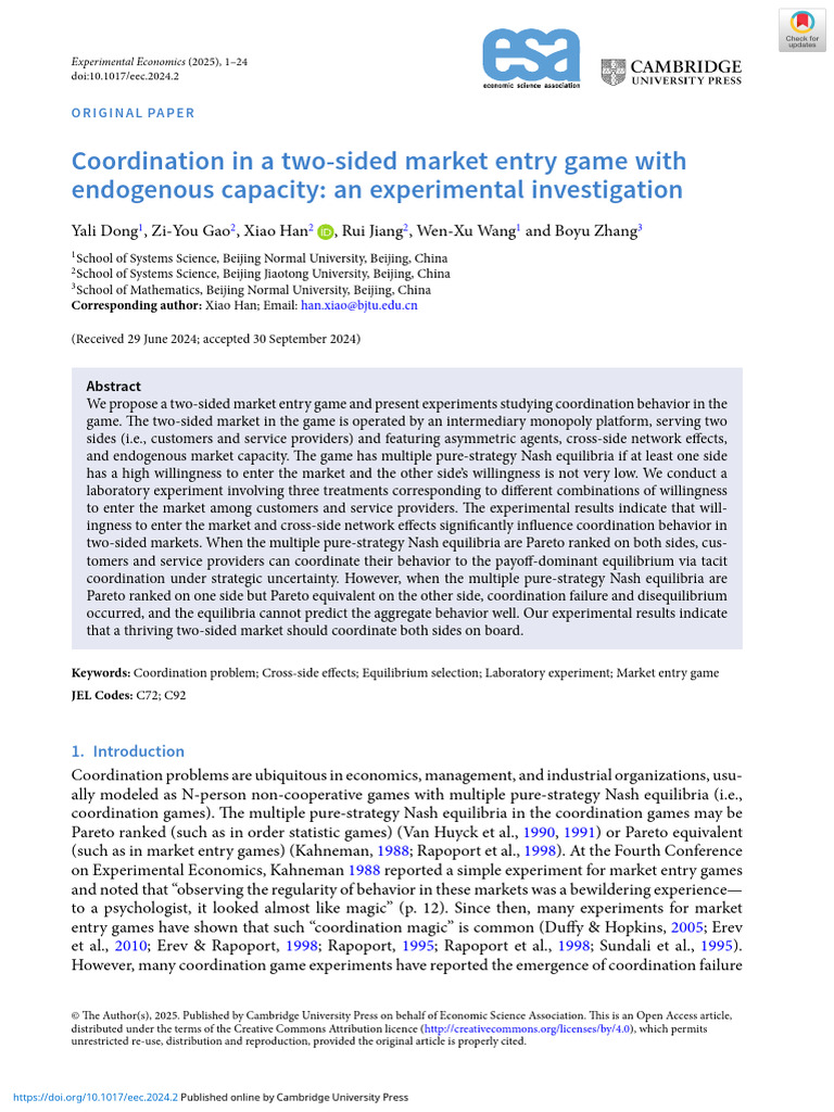 Coordination in A Twosided Market Entry Game With Endogenous Capacity ...
