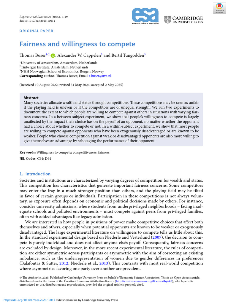 Fairness and Willingness To Compete | PDF | Experiment | Incentive