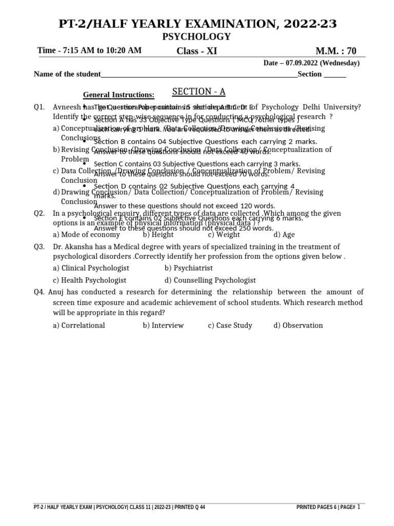 XI-Psychology Sample Paper 3 | PDF | Psychology | Psychological Testing