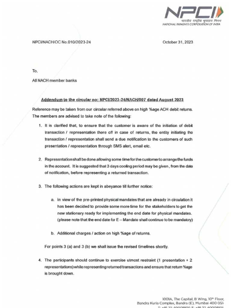 NACH - OC 010 - 2023 24 - Addendum To The Circular No - 007 | PDF