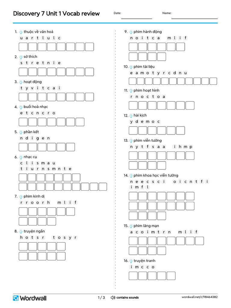 Discovery 7 Unit 1 Vocab Review Anagram | PDF
