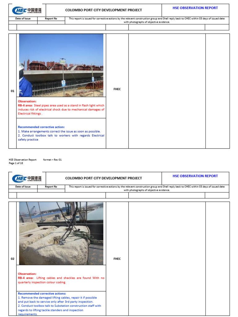 HSE Observation Report: Colombo Port City | PDF | Occupational Safety ...