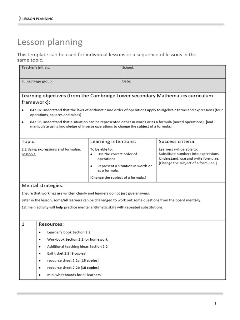 Lesson Planning for Algebra Concepts | PDF | Learning | Lesson Plan