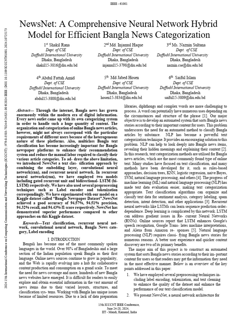 NewsNet A Comprehensive Neural Network Hybrid Model For Efficient ...