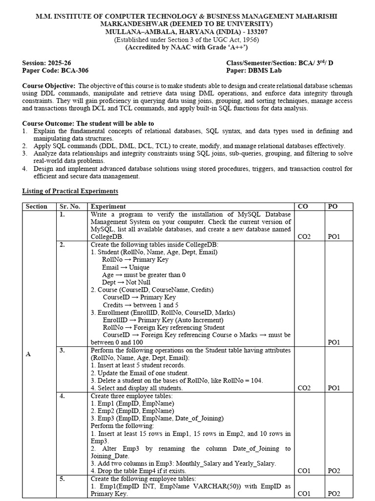DBMS Practical Experiment List With Format | PDF | Databases | Sql