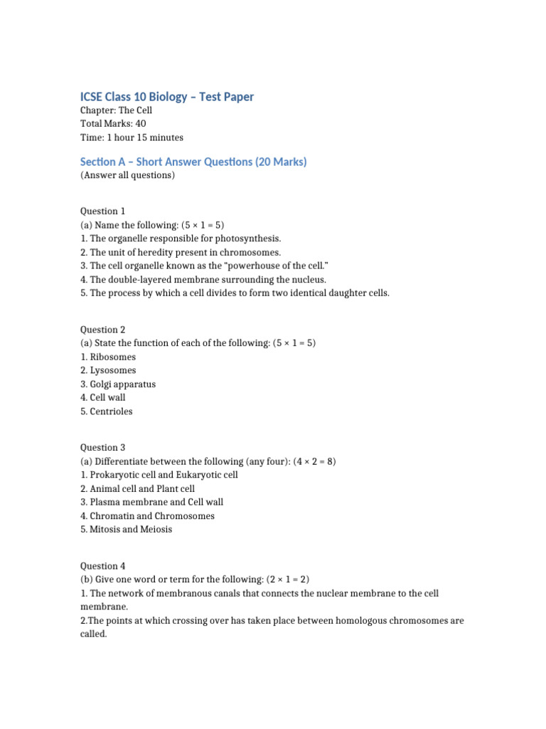 ICSE Class 10 Biology Cell Test Paper | PDF