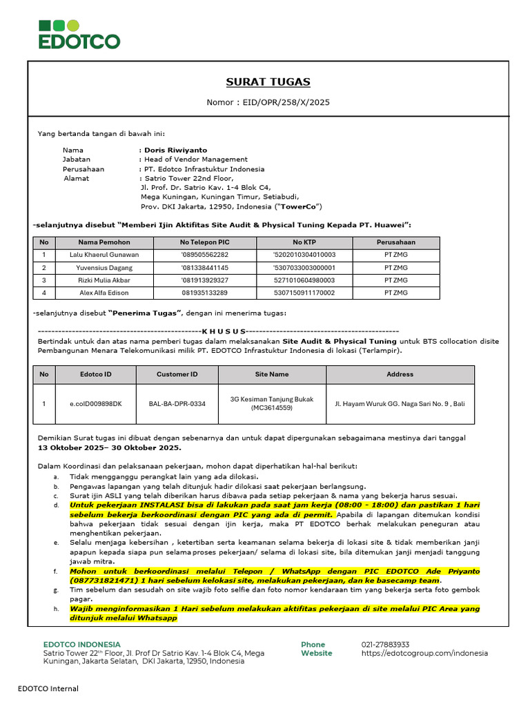 EID-OPR-258-X-2025 SURAT TUGAS Site Kesiman Tanjung Bungkak - PT ...
