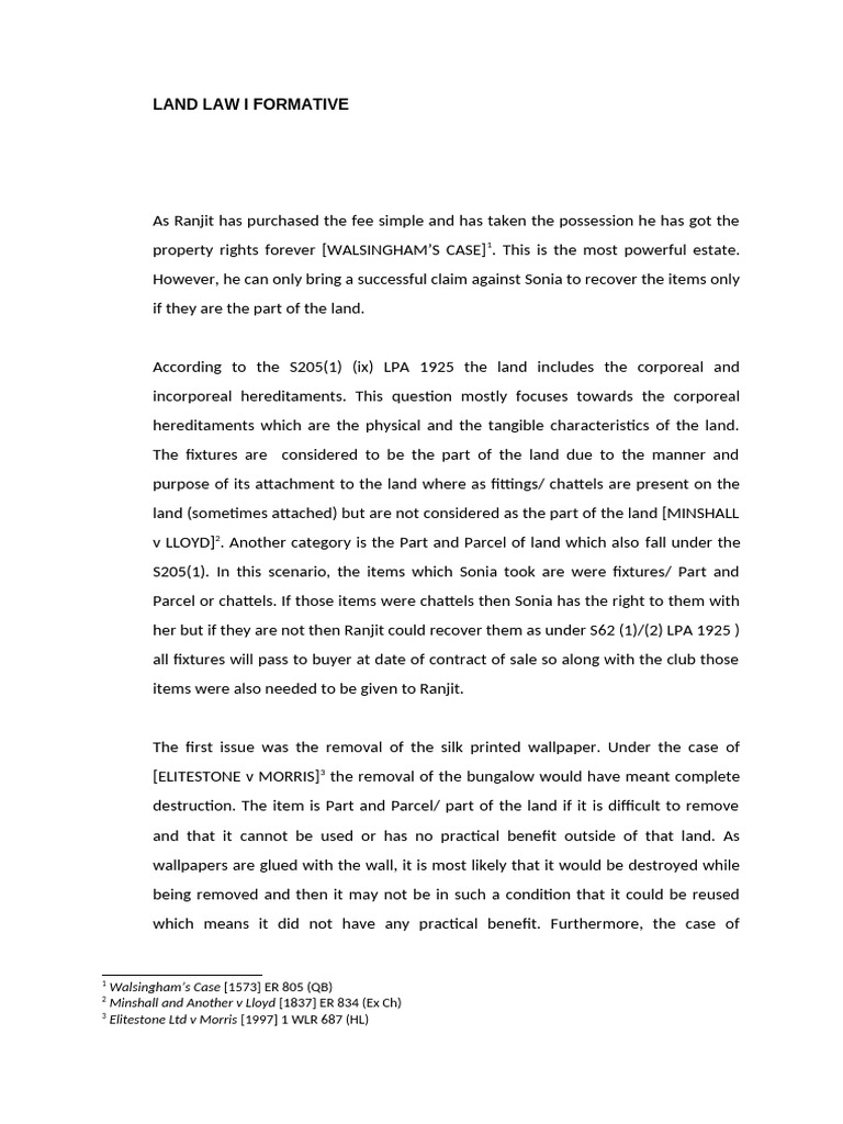 Land Law: Fixtures vs. Chattels Explained | PDF