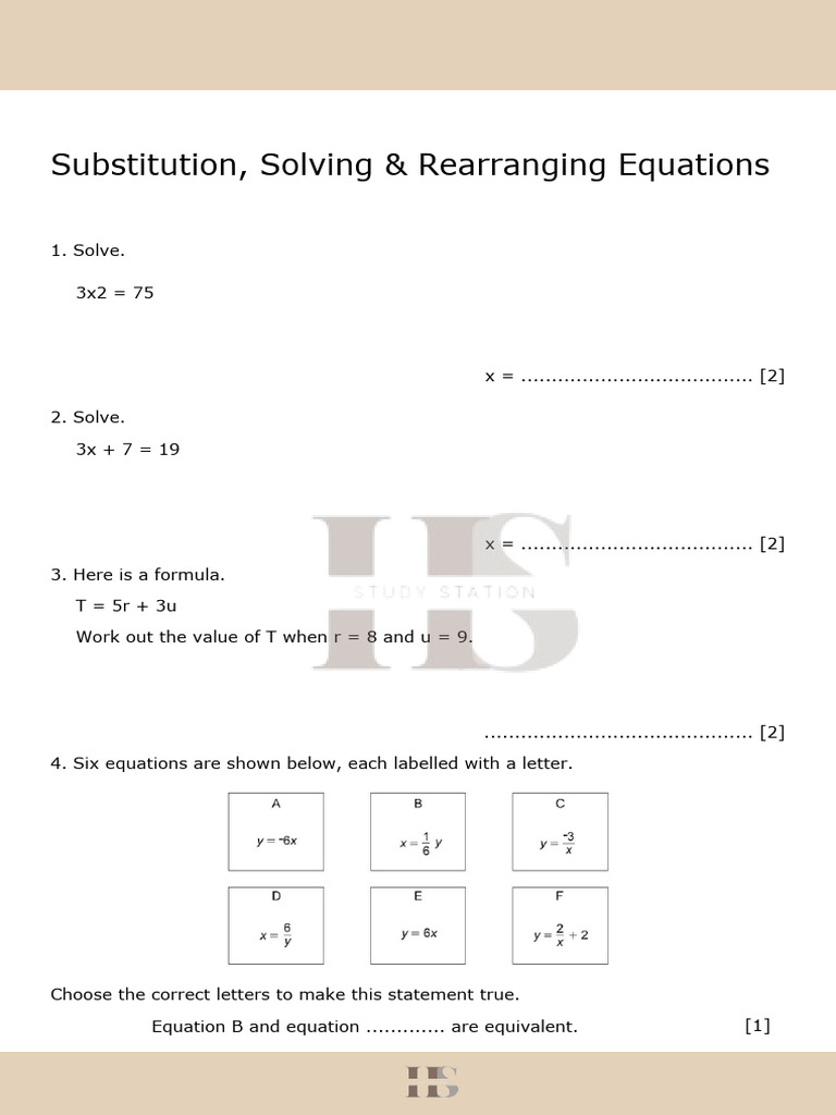 Algebra F Substitution Solving Rearranging Equations v2 PDF | PDF ...