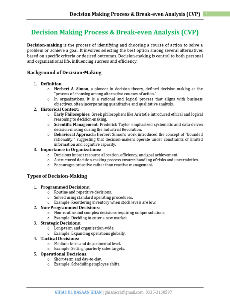 Decision Making Process - Break-Even Analysis - CVP - 1 | PDF ...